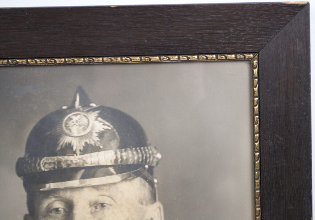 Original framed German Firebrigade portrait with helmet and medals