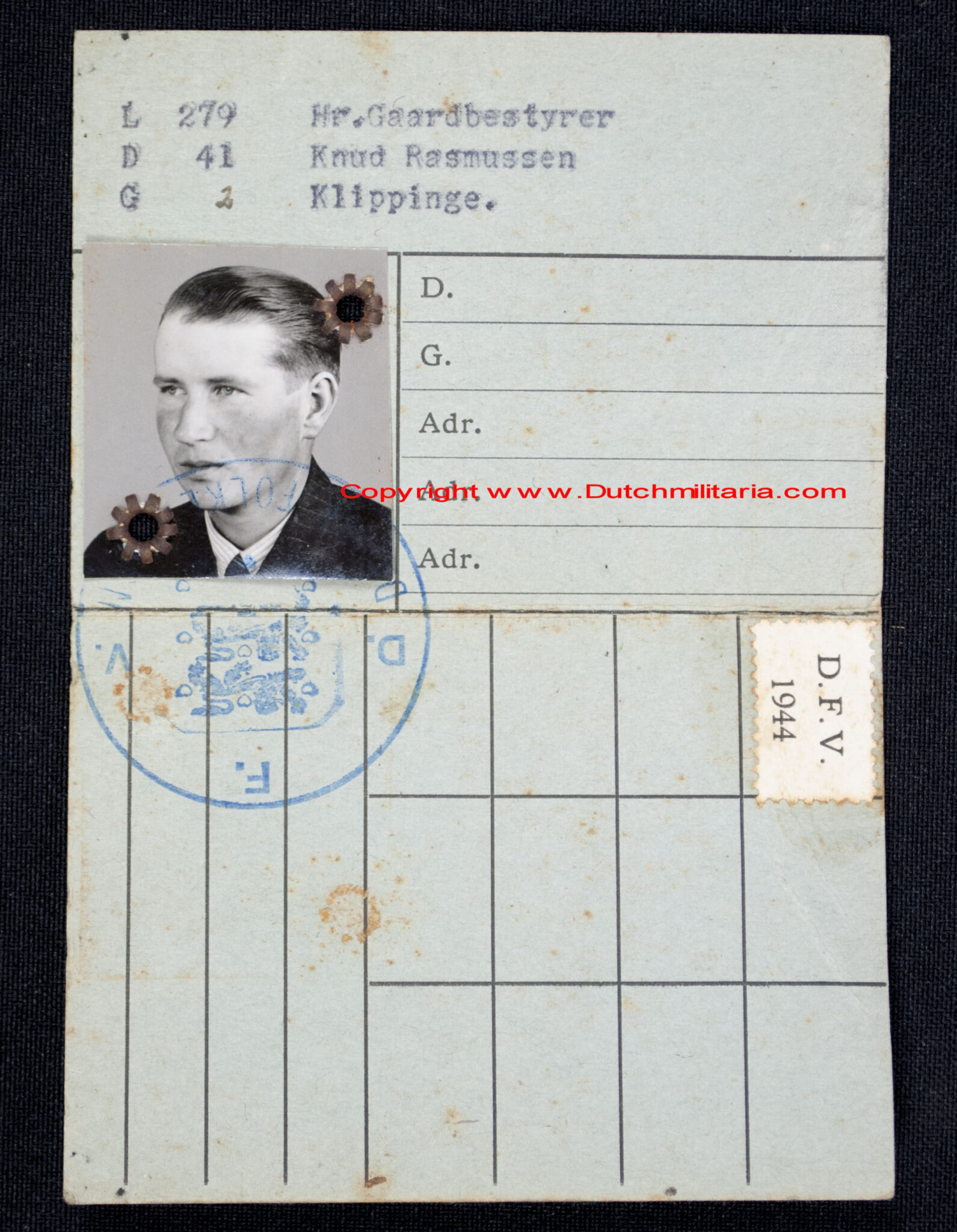 (Denmark) Danish Germanic SS/Schalburgkorps civilian Dansk Folke-Værn (D.F.V.) Legitimation ...