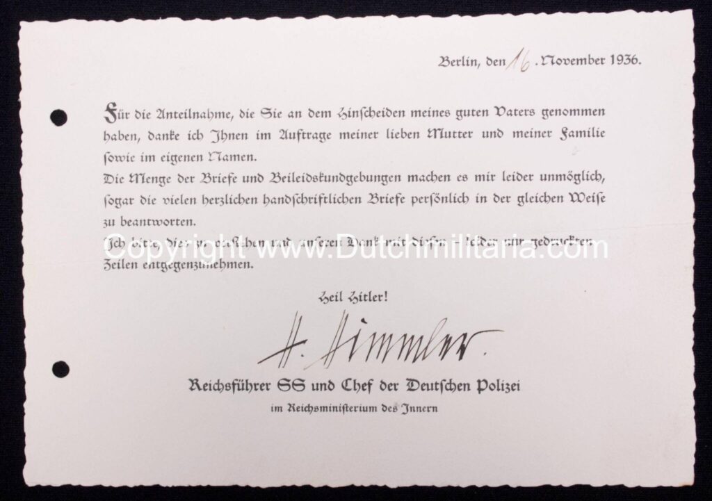 Reichsführer SS Heinrich Himmler original autograph on thank card for ...