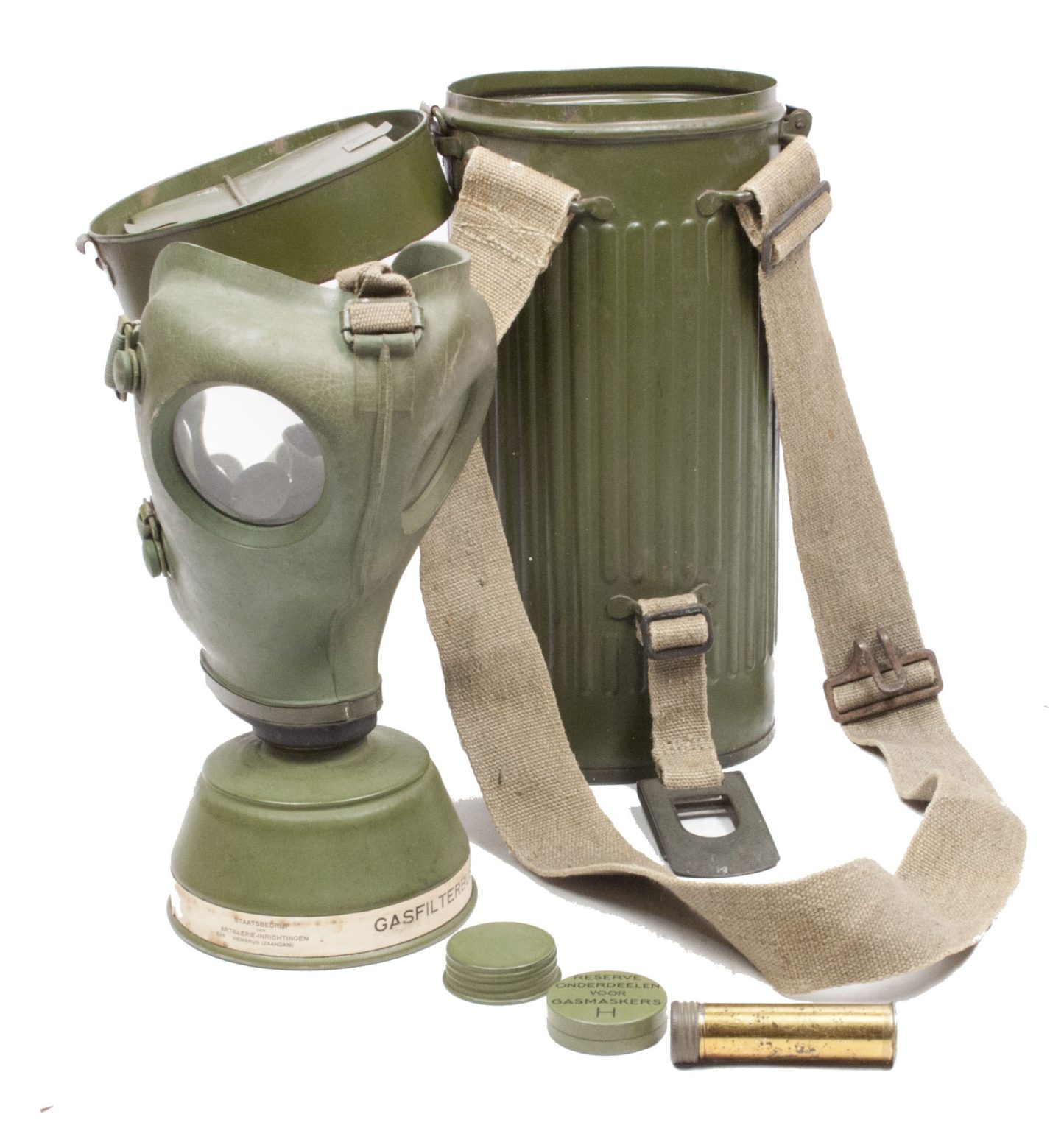 Dutch Army gasmask model H with canister and all extra parts (1940) – RARE