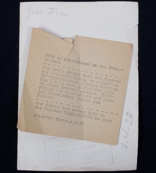 (Pressphoto) Adolf Hitler – Jubelstürme um den Führer in Graz (1938)
