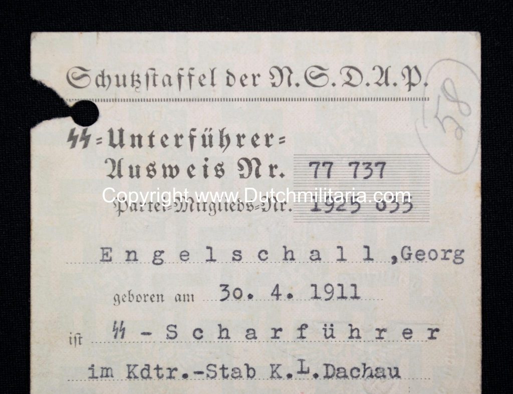 SS-Unterführer Ausweis Georg Engelschall Staff Concentrationcamp Dachau ...