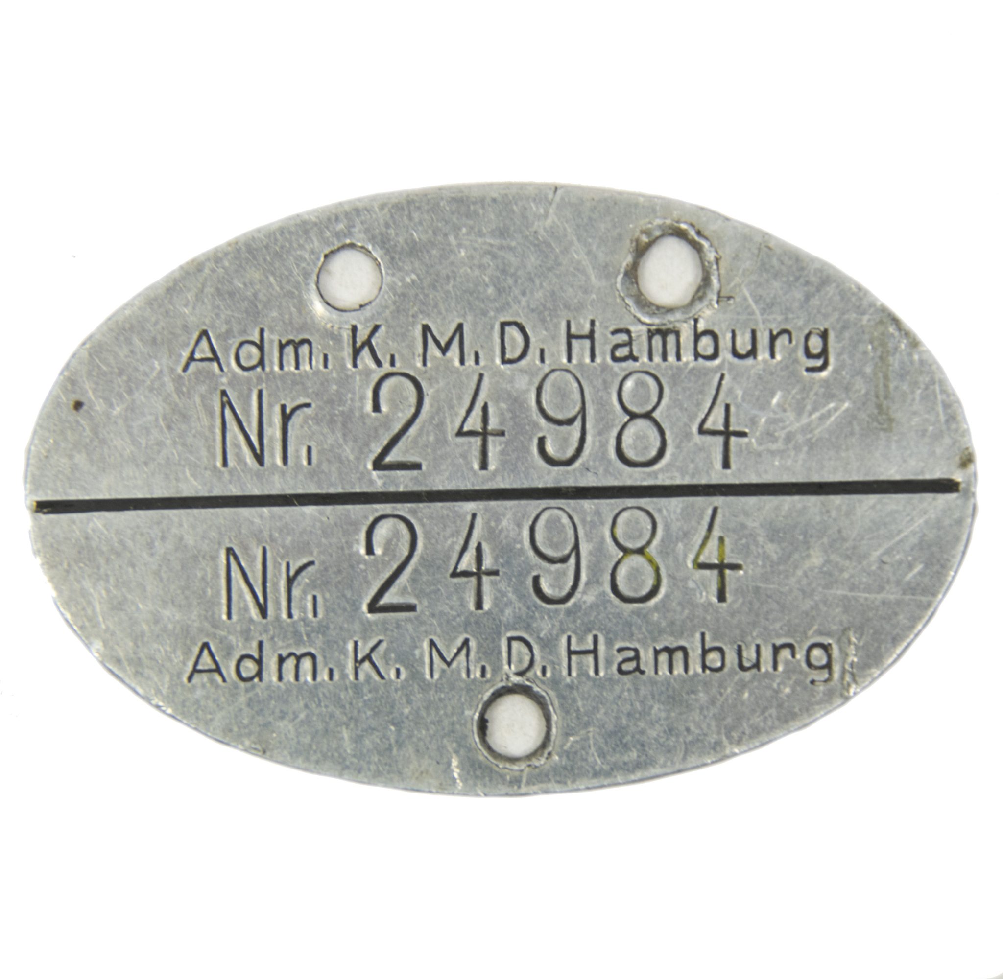 WWII Kriegsmarine (KM) Erkennungsmarke Adm. K. M. D. Hamburg Nr. 24984