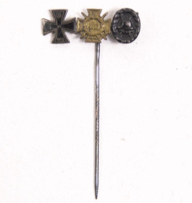 German WWI lapel stickpin with Ek2 + Frontkämpfer Ehrenkreuz + Black woundbadge
