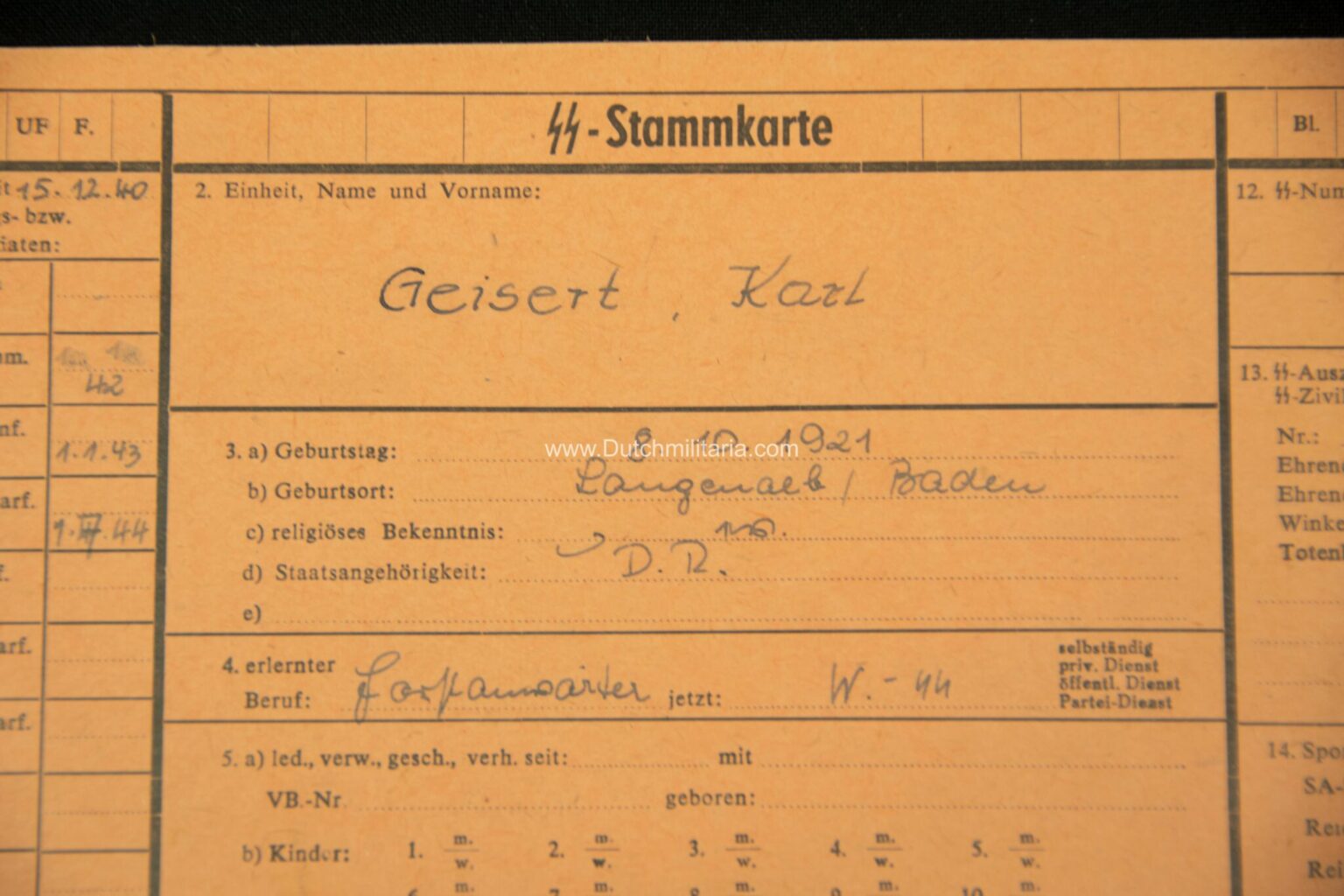 SS-Stammkarte SS-Unterscharführer Karl Geisert – 6./SS-Freiw.-Gren ...